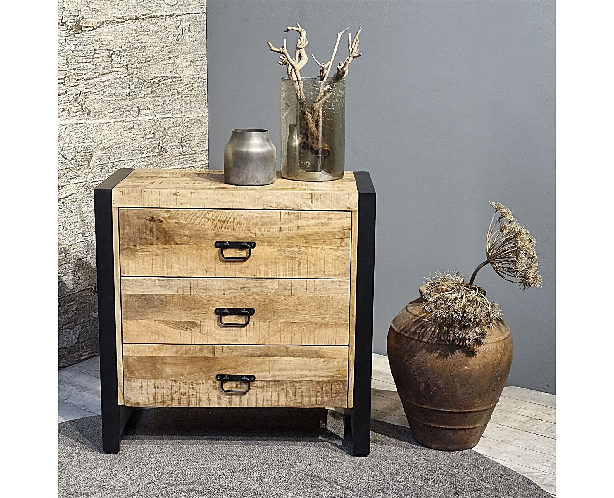 Mangohout kastje 3 lades Industrieel Design 80 cm - Mangohout en Staal ...